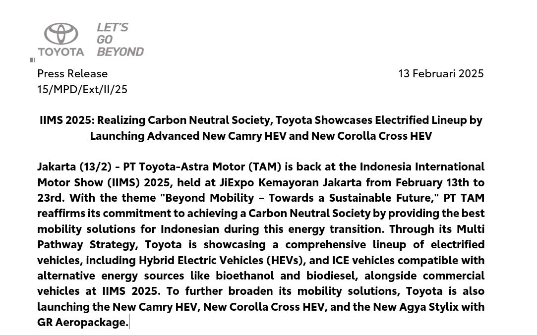 IIMS 2025: Wujudkan Carbon Neutral Society, Toyota Hadirkan Berbagai ...